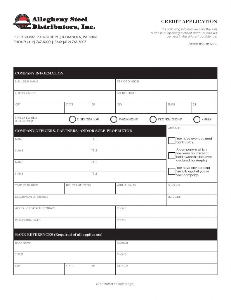 Credit Application – Allegheny Steel Distributors, Inc.